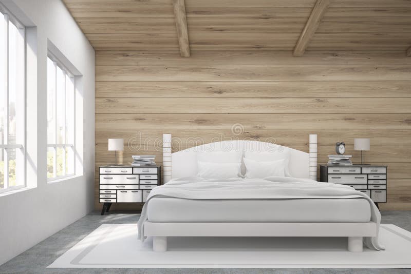 Front View of a Double Bed in a Room with Wooden Walls and Ceiling ...