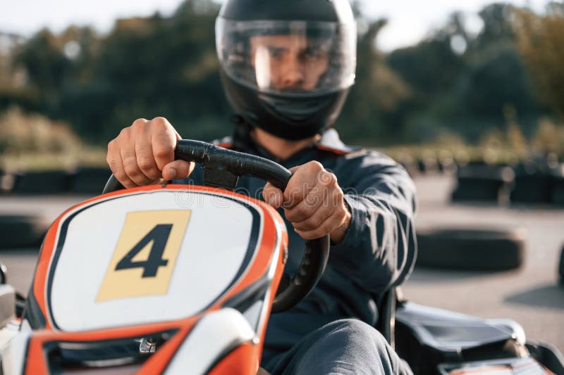Front View, Driving. Man is Outdoors, Kart Racing Conception Stock ...