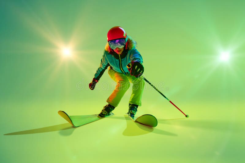 Front View, Dynamic Photo of Skier Balancing, Skis Parallel, and Poles ...