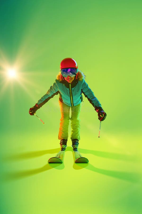 Front View, Dynamic Photo of Skier Bends into Aerodynamic Pose, Skis ...