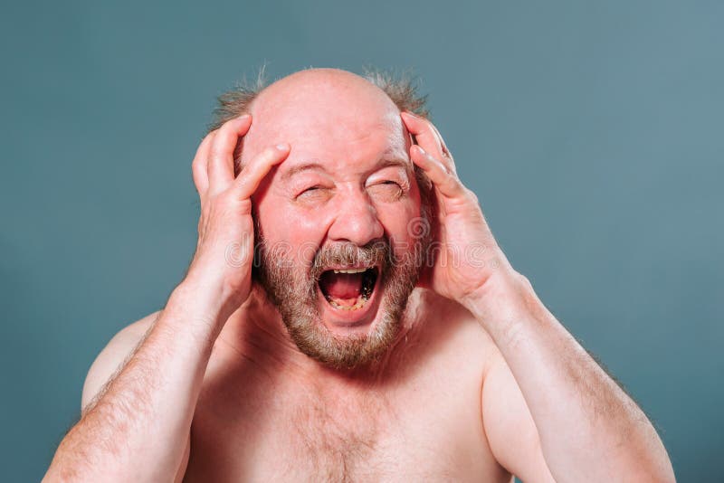 Front View Elderly Man Hold Head with Two Hands Screaming Look into ...