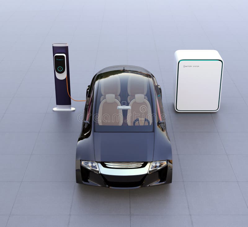 Front View of Electric Vehicle, Charging Station and Battery Unit Stock ...