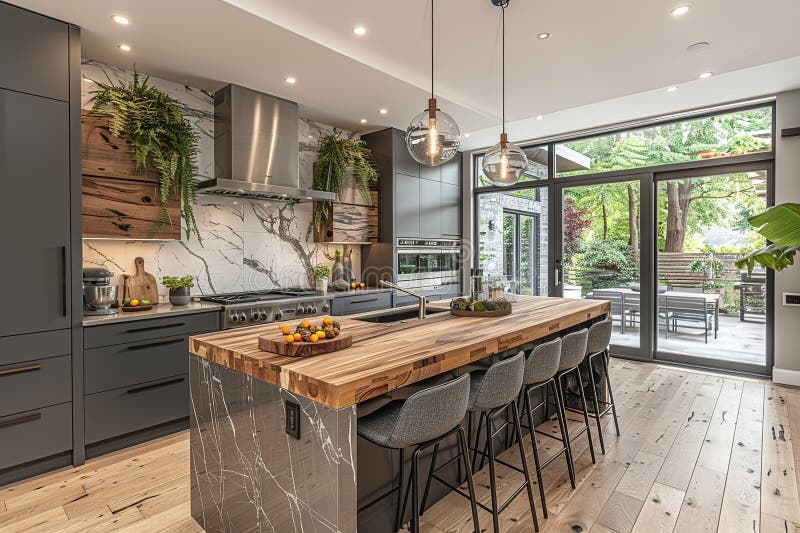 Front View of Elegant Interior with Gray Drawers Under Kitchen Cabinet ...