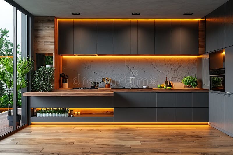 Front View of Elegant Interior with Gray Drawers Under Kitchen Cabinet ...
