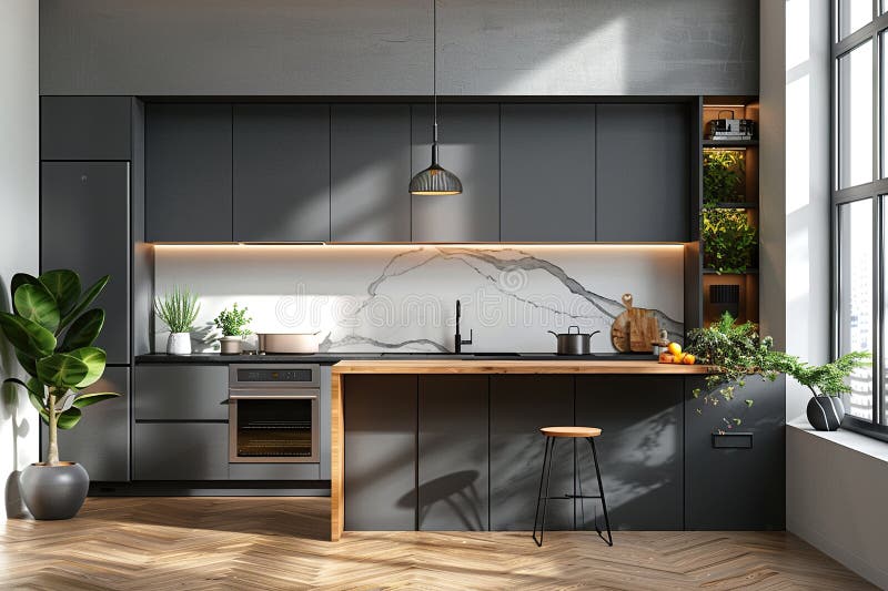 Front View of Elegant Interior with Gray Drawers Under Kitchen Cabinet ...