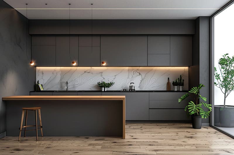 Front View of Elegant Interior with Gray Drawers Under Kitchen Cabinet ...