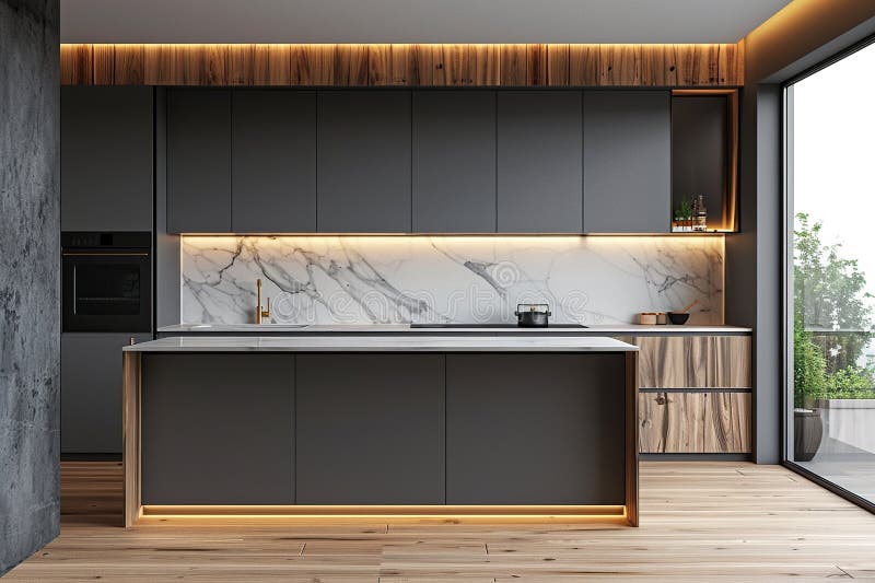 Front View of Elegant Interior with Gray Drawers Under Kitchen Cabinet ...