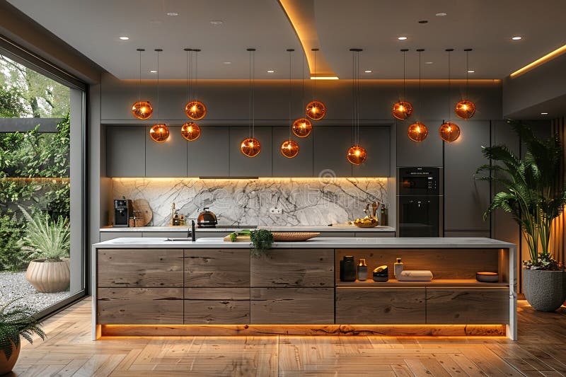 Front View of Elegant Interior with Gray Drawers Under Kitchen Cabinet ...