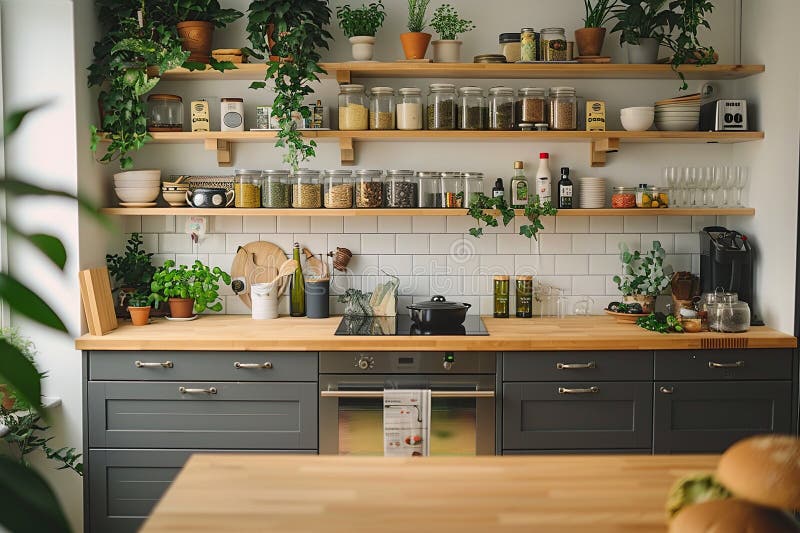 Front View of Elegant Interior with Gray Drawers Under Kitchen Cabinet ...