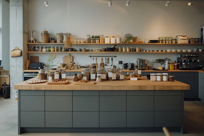 Front View of Elegant Interior with Gray Drawers Under Kitchen Cabinet ...