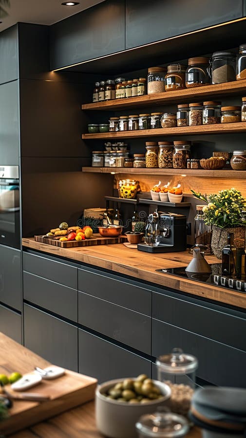 Front View of Elegant Interior with Gray Drawers Under Kitchen Cabinet ...