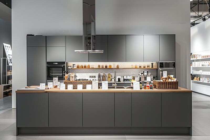 Front View of Elegant Interior with Gray Drawers Under Kitchen Cabinet ...