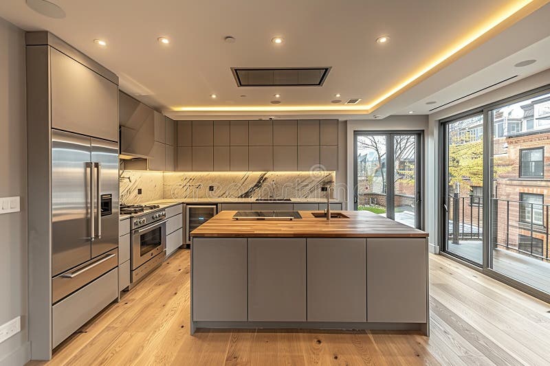 Front View of Elegant Interior with Gray Drawers Under Kitchen Cabinet ...