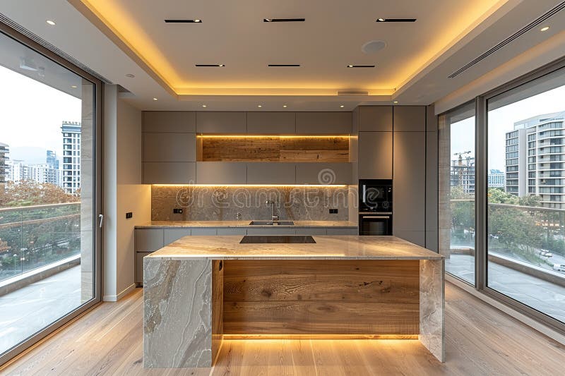 Front View of Elegant Interior with Gray Drawers Under Kitchen Cabinet ...
