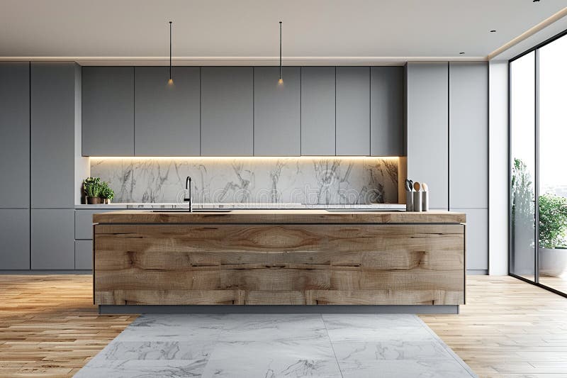 Front View of Elegant Interior with Gray Drawers Under Kitchen Cabinet ...