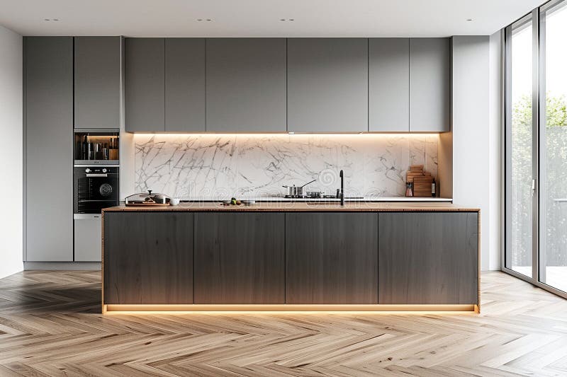 Front View of Elegant Interior with Gray Drawers Under Kitchen Cabinet ...