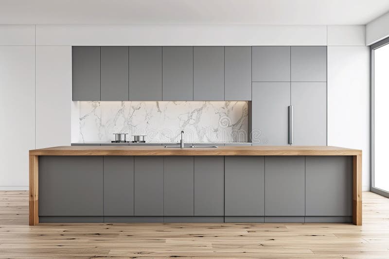 Front View of Elegant Interior with Gray Drawers Under Kitchen Cabinet ...