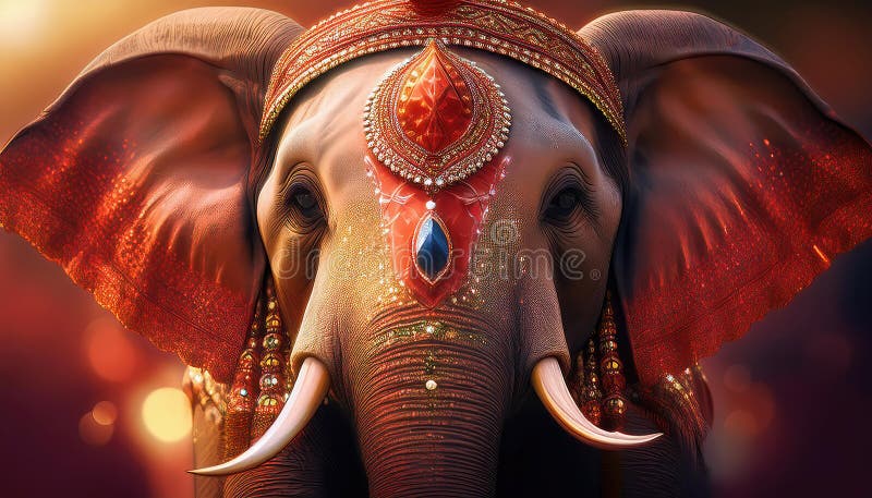 Elephant Face Wearing Classic Red Indian Jewelry and Decorations Stock ...