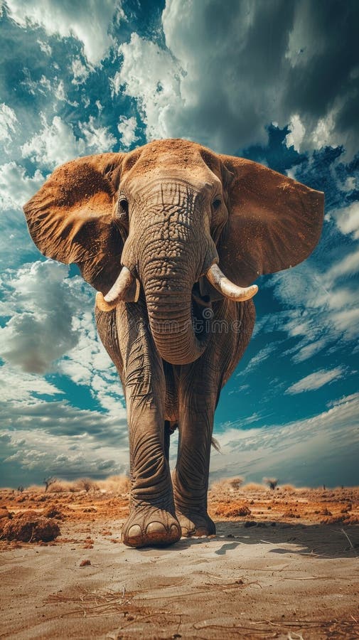 Front View of an Elephant on a Sandy Terrain with a Dramatic Sky Stock ...