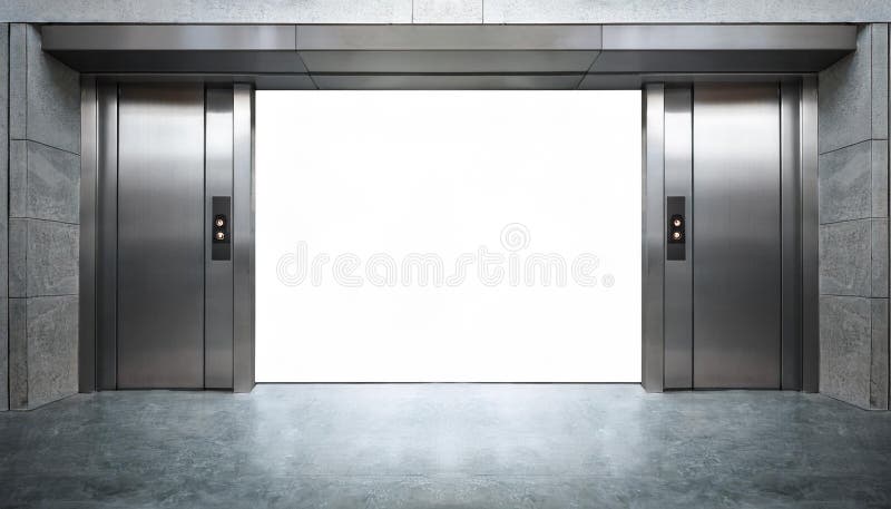 Front View on Elevator with Metal Doors, White Blank Wall and Concrete ...