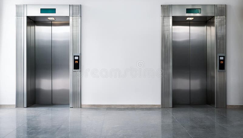 Front View on Elevator with Metal Doors, White Blank Wall and Concrete ...