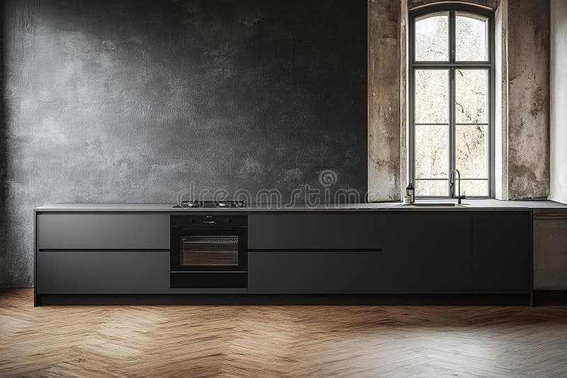 This is a Front View of an Empty Black Wall in a Dark Kitchen Interior ...