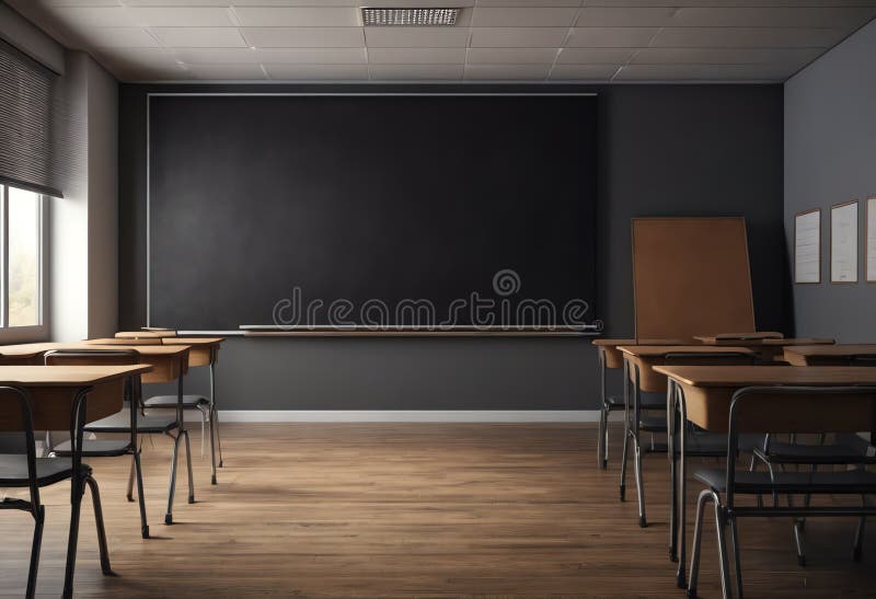 Front View Empty Classroom with Blank Black Board Copy Space Stock ...