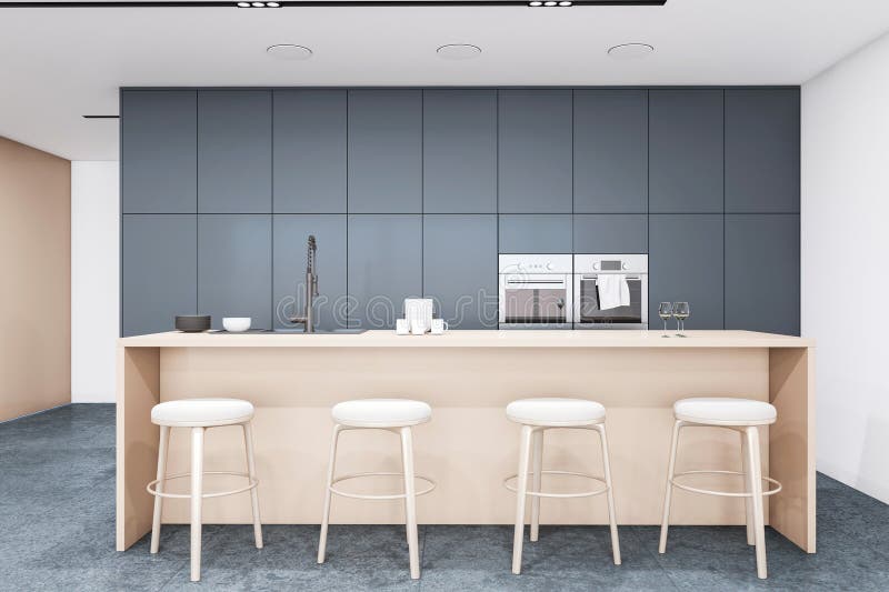 Front View of Empty Kitchen Interior with Concrete Floor and White ...