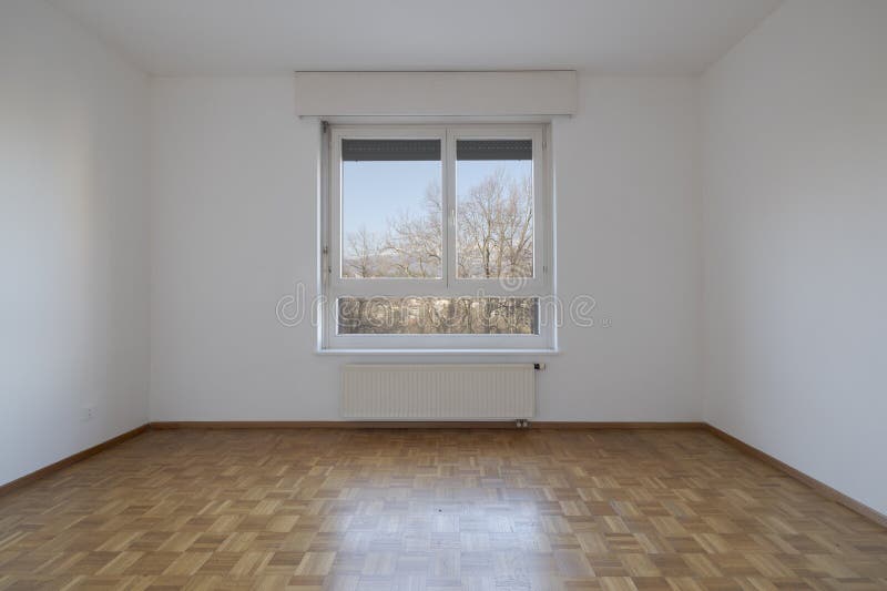 Front View of an Empty Room with Parquet and Nature View Stock Image ...