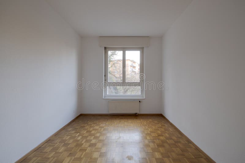 Front View of an Empty Room with Parquet and Nature View Stock Image ...