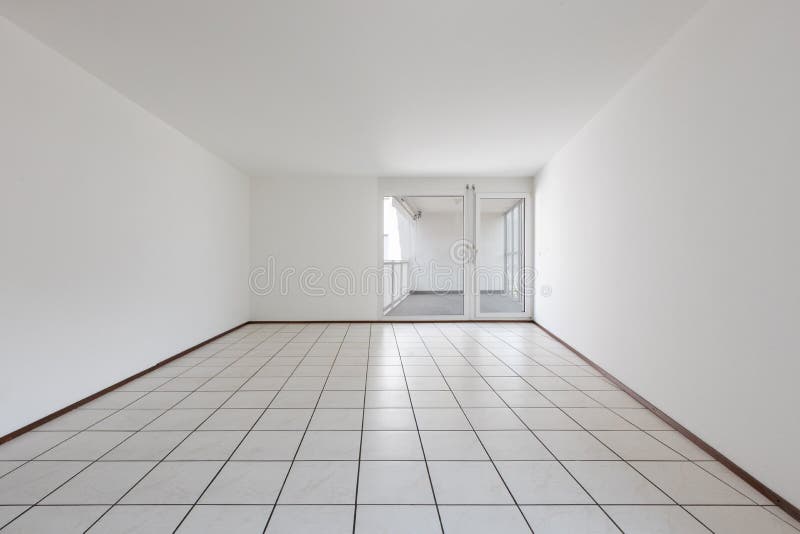 Front View of Empty Room with White Walls and Tiles Stock Image - Image ...