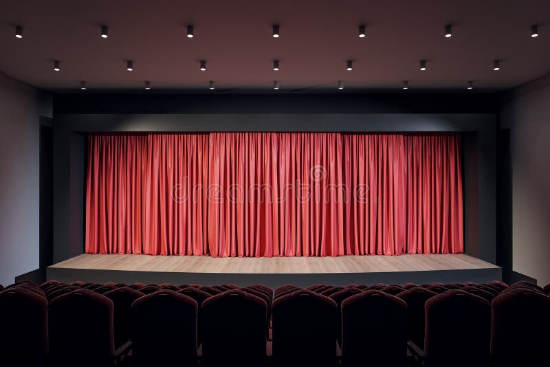 Front View on Empty Scene with Red Curtains, Rows of Seats and Lights ...