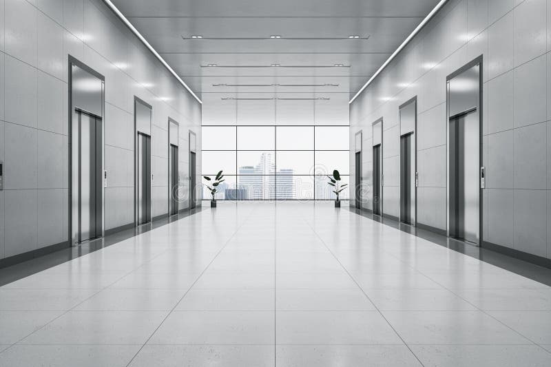 Front View on Empty Spacious Business Center Corridor with Place for ...