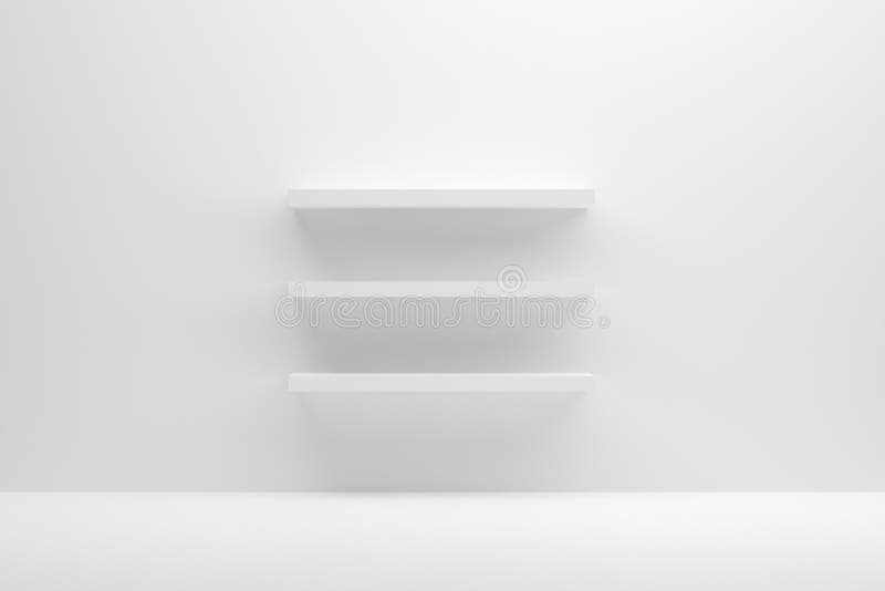 Front View of Empty White Shelves Mounted on a White Wall. Backdrop ...