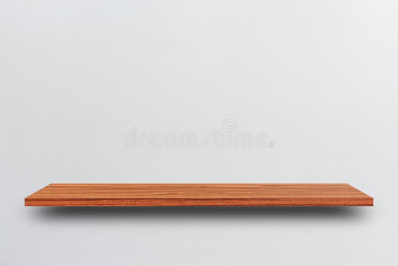 Front View Empty Wooden Shelf and Grey Wall. Stock Photo - Image of ...