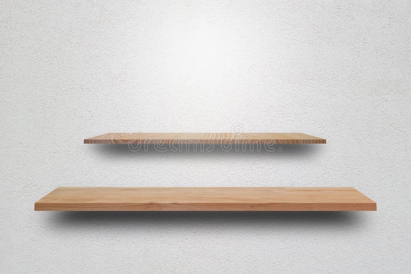Front View Empty Wooden Shelf and Grey Wall. Stock Photo - Image of ...
