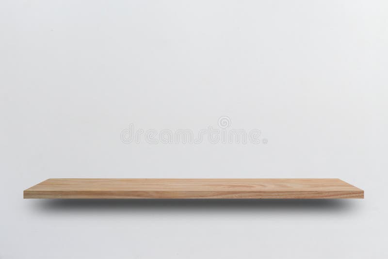 Front View Empty Wooden Shelf and Grey Wall. Stock Photo - Image of ...
