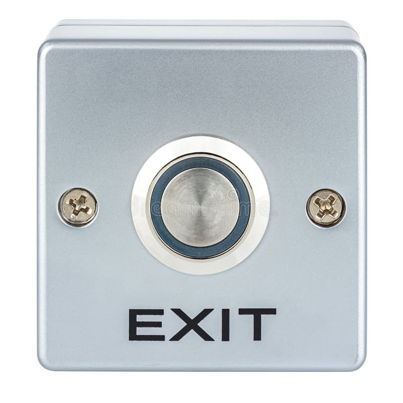 Front View of EXIT Button in Aluminium Case Isolated on White ...