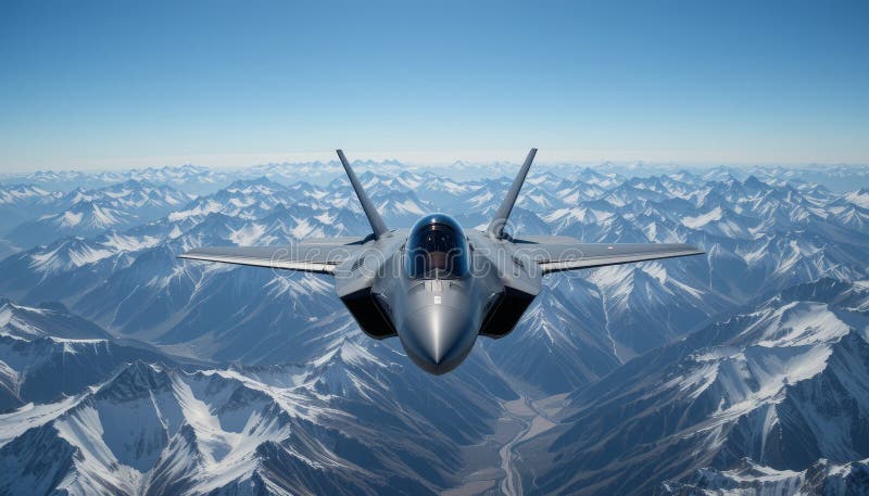 Front View of F-35 Fighter Jet Soaring Above Snow-capped Mountains ...