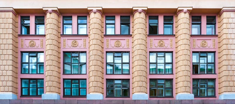 Front View On A Facade Of Ancient Building With Rusticated Half Columns ...