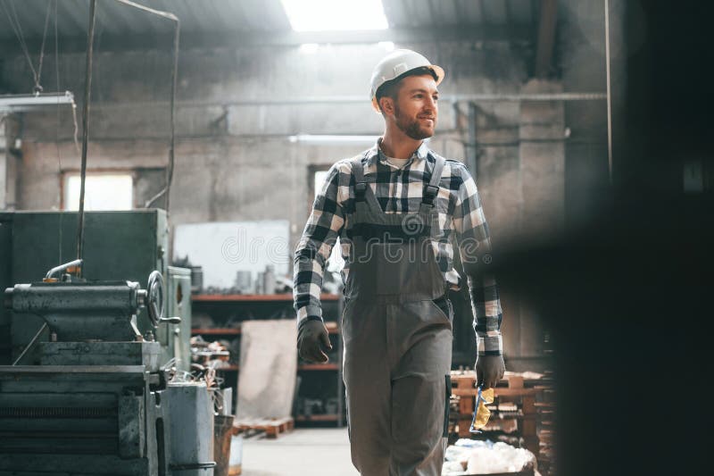 Front View. Factory Male Worker in Uniform is Indoors Stock Image ...