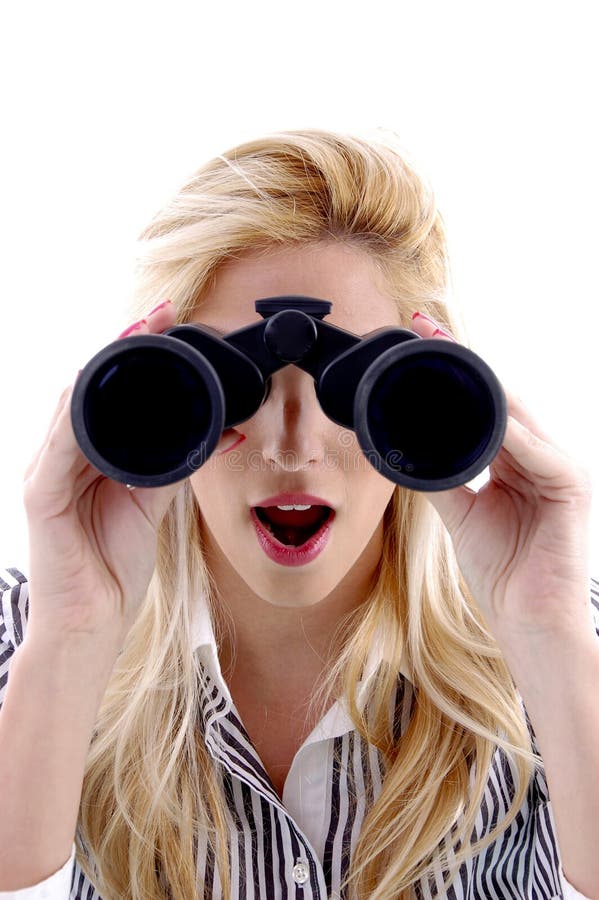 Front View of Female Looking through Binocular Stock Image - Image of ...