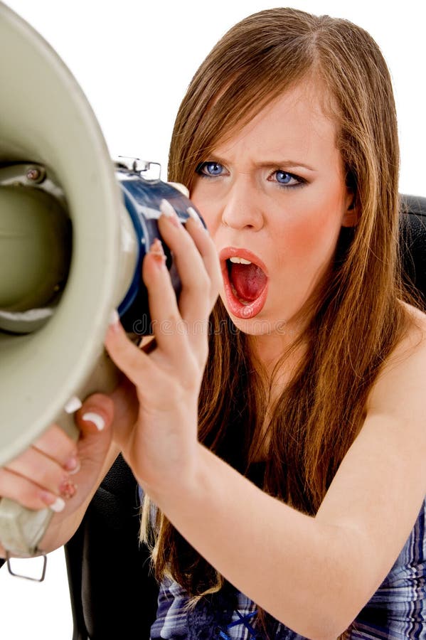 Front View Of Female Shouting In Loudspeaker Picture. Image: 8052449