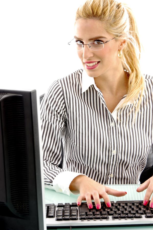 Front View of Female Working on Computer Stock Image - Image of ...