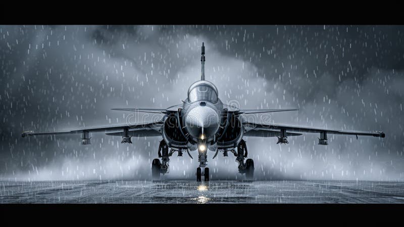 Front View of a Fighter Jet on the Runway in the Rain with Stormy ...