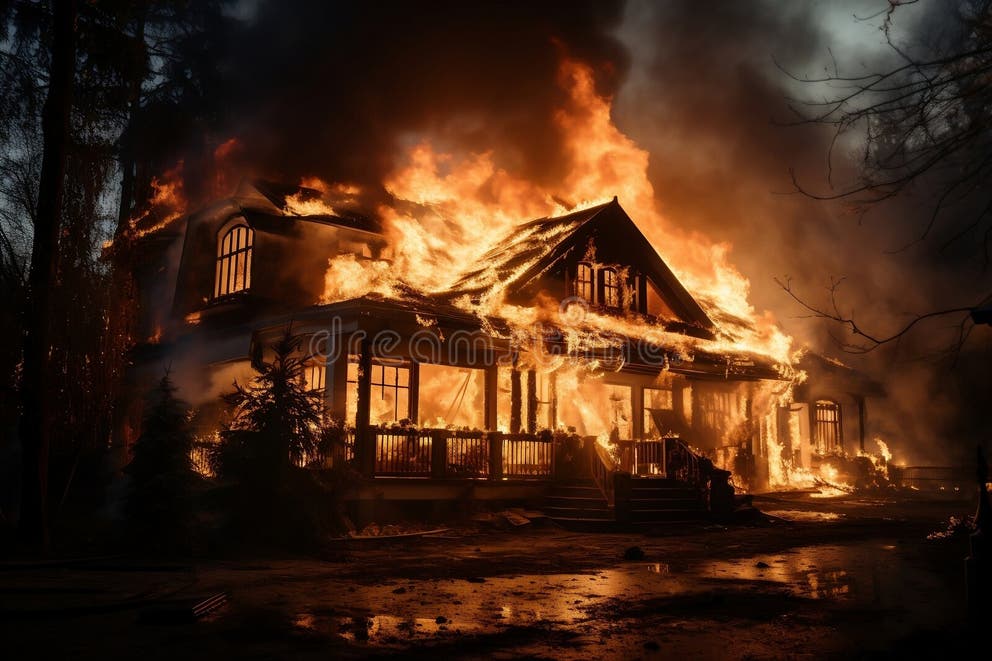 Front View of Fire: Big Flames and Black Smoke Inside the House. AI ...