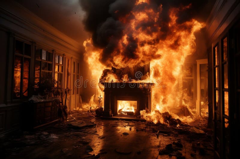 Front View of Fire: Big Flames and Black Smoke Inside the House. AI ...