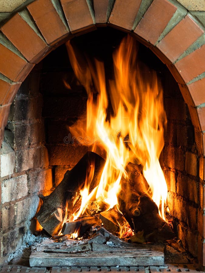 Front View of Fire in Fireplace in Country House Stock Photo - Image of ...