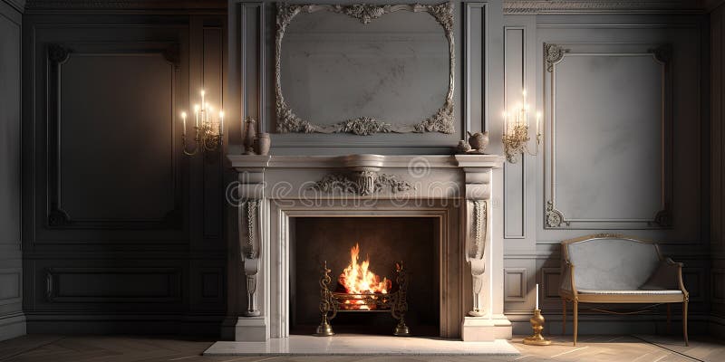 Front View of Fireplace in Classic Interior of Living Room in Luxury ...