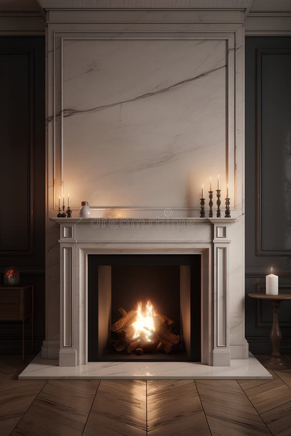 Front View of Fireplace Decorated with White Marble. Classic Interior ...